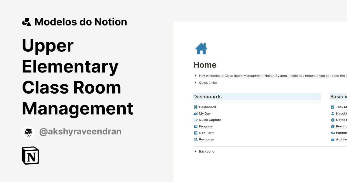 Upper Elementary Class Room Management Modelo por Akshay Raveendran | Marketplace do Notion