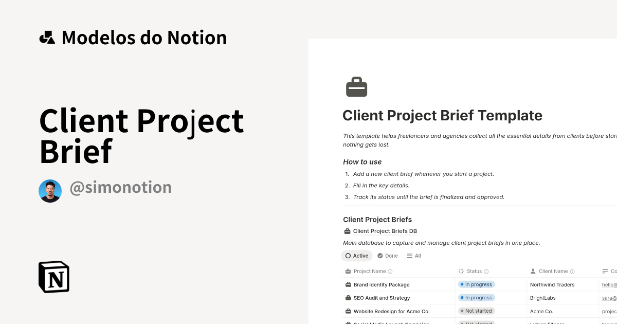 Client Project Brief Modelo por Simo | Marketplace do Notion