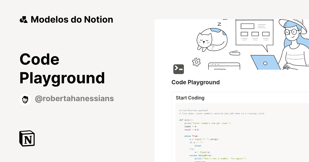 Code Playground Modelo por Robert Ahanessians | Marketplace do Notion