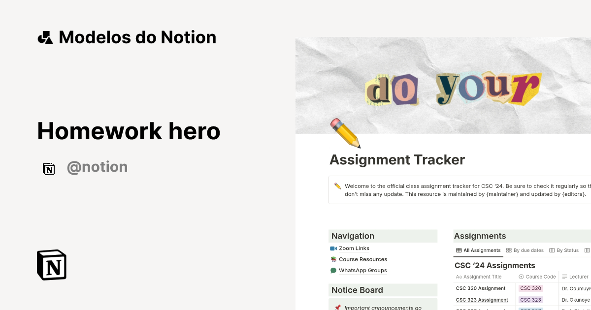 Homework hero | Marketplace de Modelos do Notion