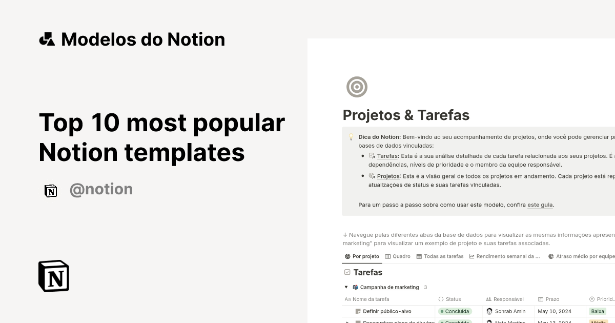 Top 10 most popular Notion templates | Marketplace de Modelos do Notion