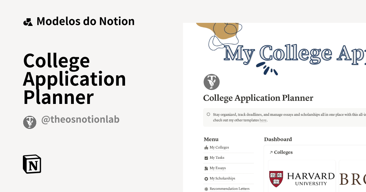 College Application Planner Modelo por Theo's Notion Lab | Marketplace ...