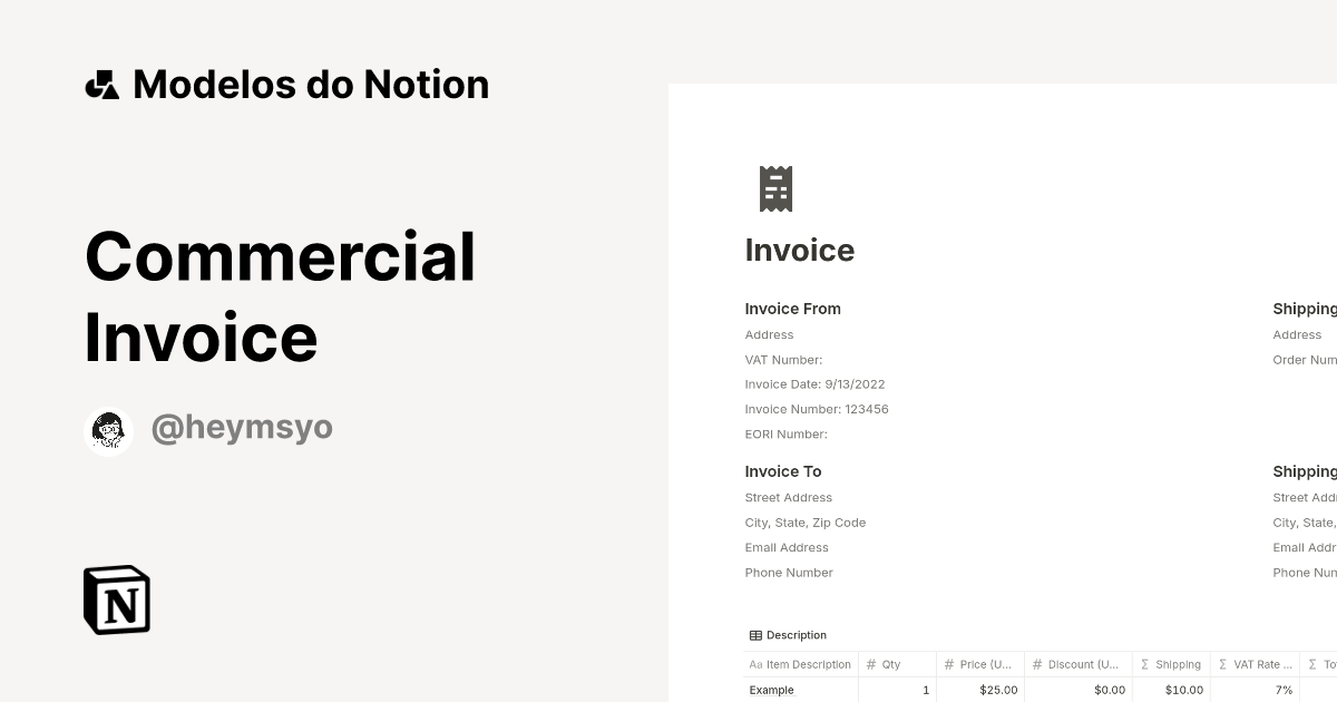 Modelo Commercial Invoice | Marketplace do Notion