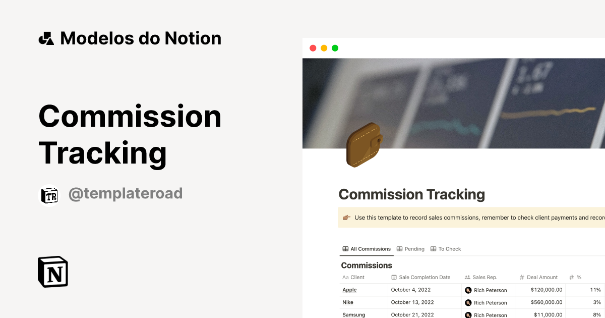 Commission Tracking Modelo por Template Road | Marketplace do Notion