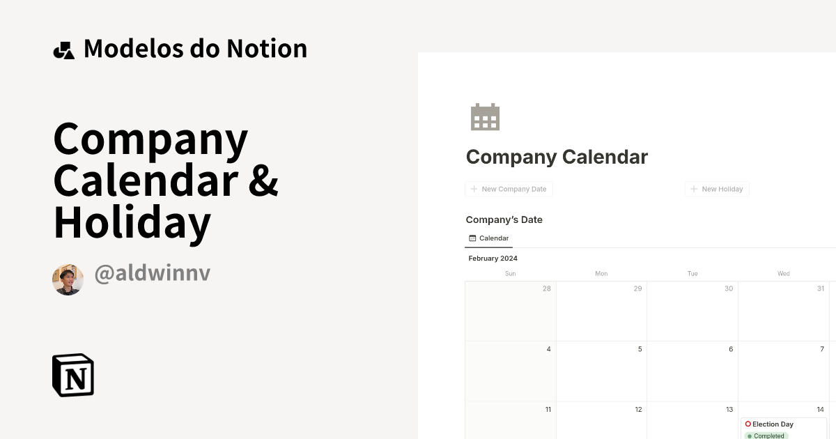 Company Calendar & Holiday Modelo por Aldwin Nou | Marketplace do Notion
