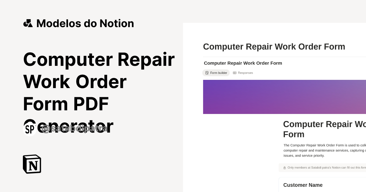 Computer Repair Work Order Form PDF Generator Modelo por Satabdi Patra ...