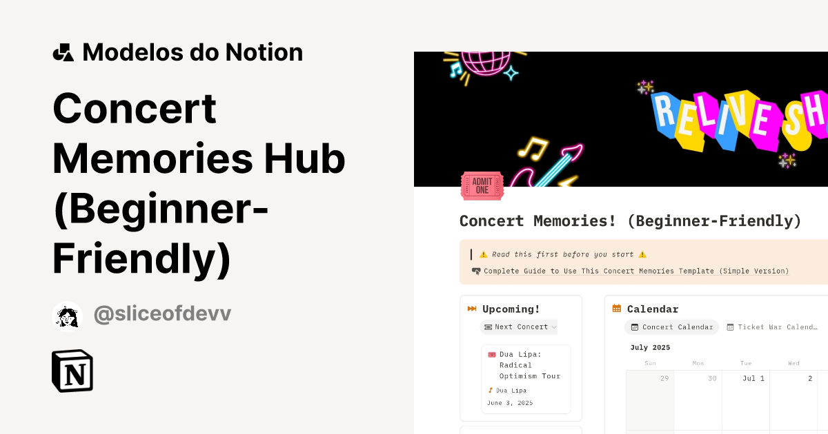 Modelo Concert Memories Hub (Beginner-Friendly) | Marketplace do Notion