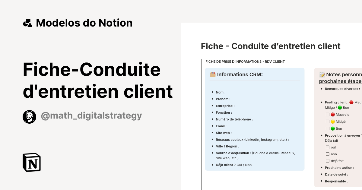 Modelo Fiche-Conduite d'entretien client | Marketplace do Notion