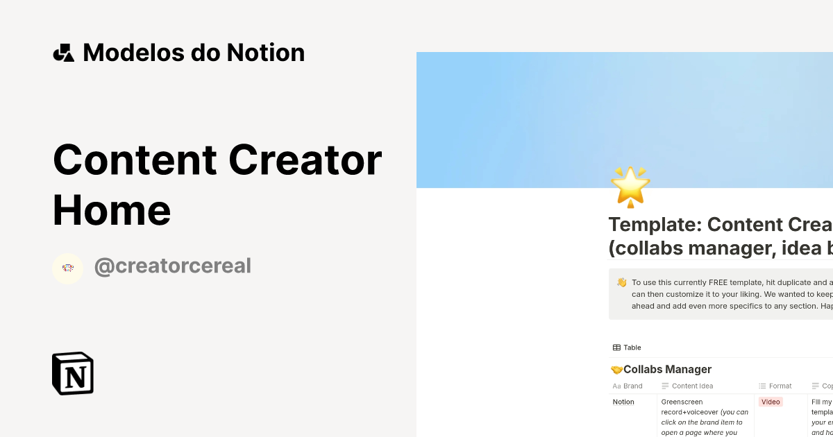 Content Creator Home Modelo por Creator Cereal | Marketplace do Notion