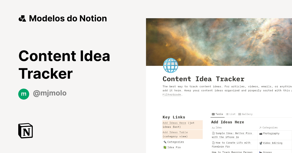 Modelo Content Idea Tracker | Marketplace do Notion