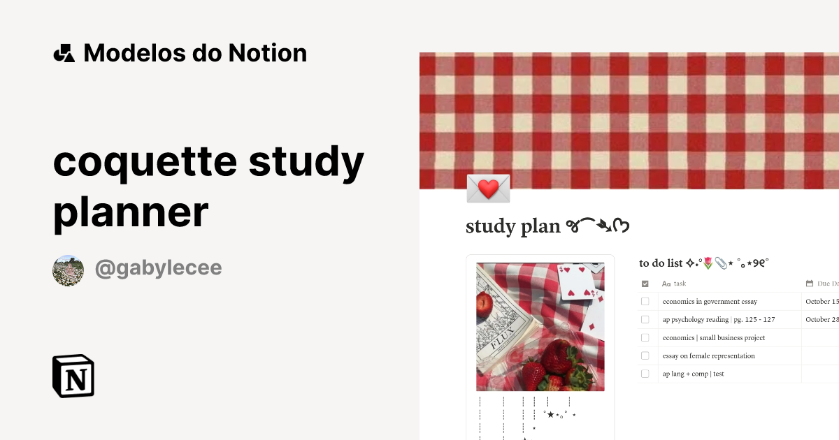 Modelo coquette study planner | Marketplace do Notion