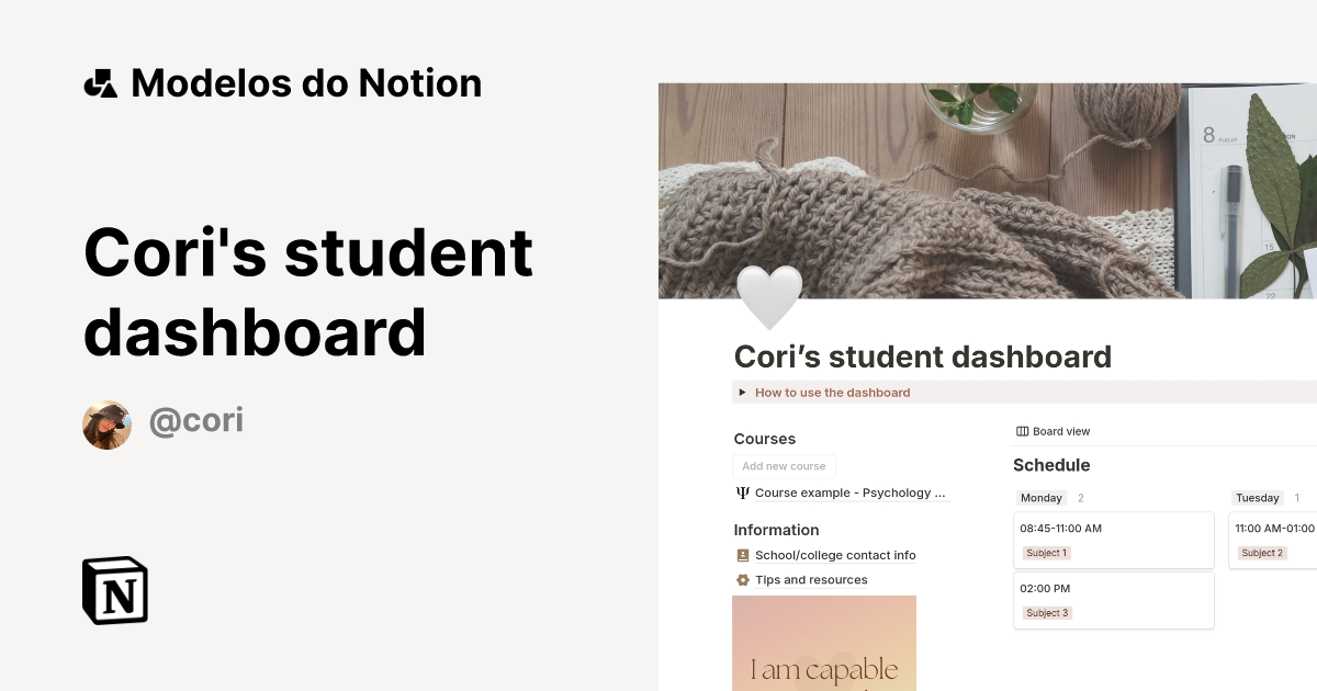 Cori's student dashboard Modelo por Cori | Marketplace do Notion