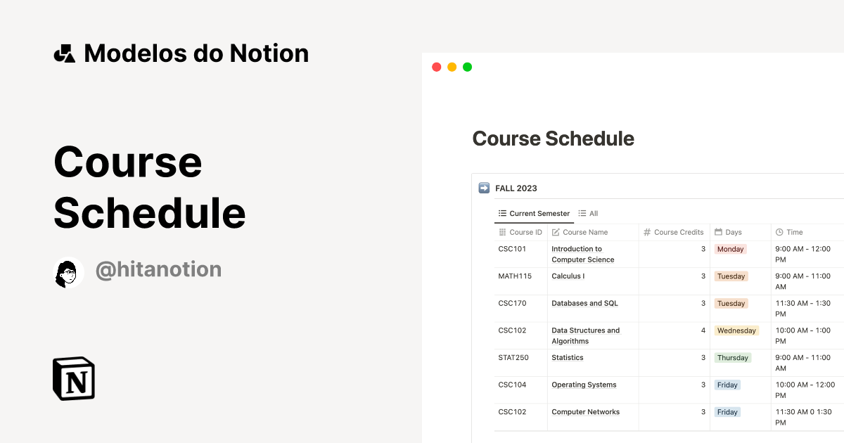 Course Schedule Modelo por HitaNotion | Marketplace do Notion