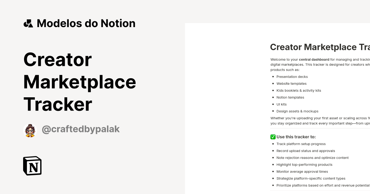 Modelo Creator Marketplace Tracker | Marketplace do Notion