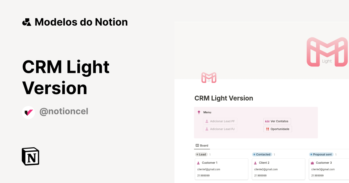 CRM Light Version Modelo por Notioncel | Marketplace do Notion