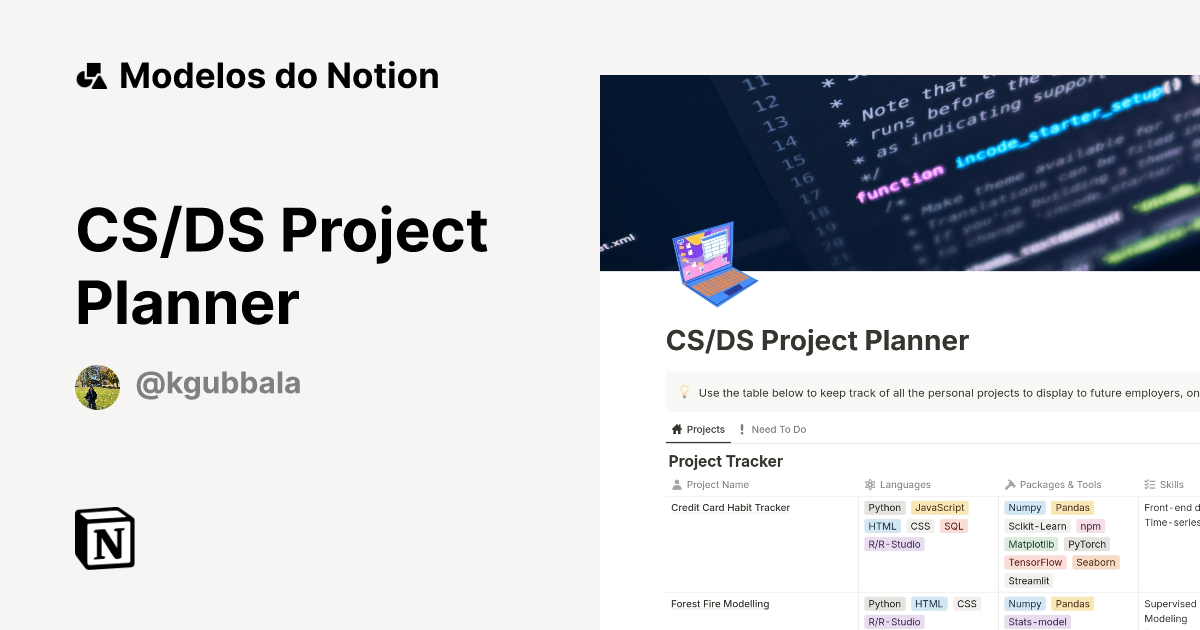 Modelo CS/DS Project Planner | Marketplace do Notion