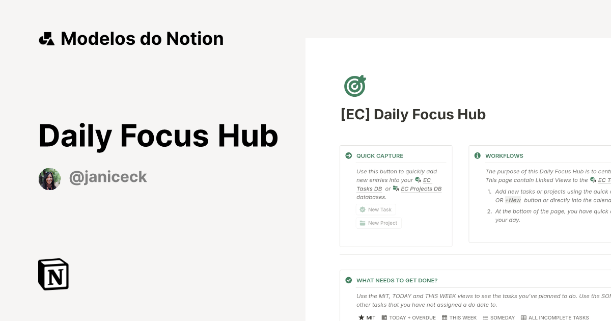 Daily Focus Hub Modelo por Janice CK | Marketplace do Notion