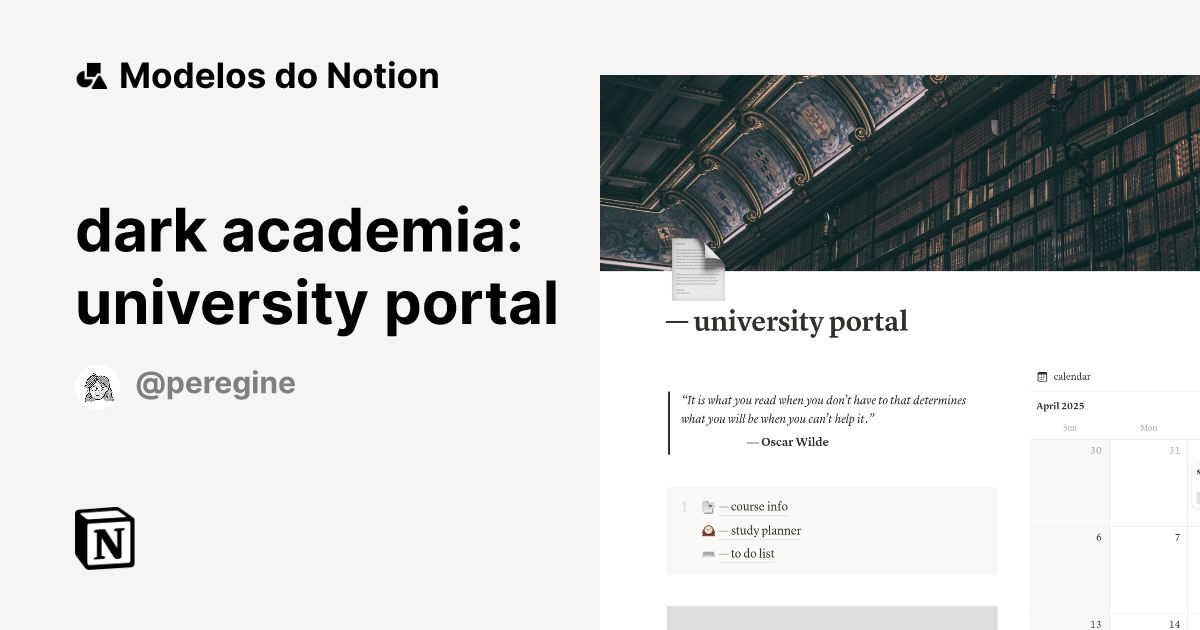 Modelo dark academia: university portal | Marketplace do Notion