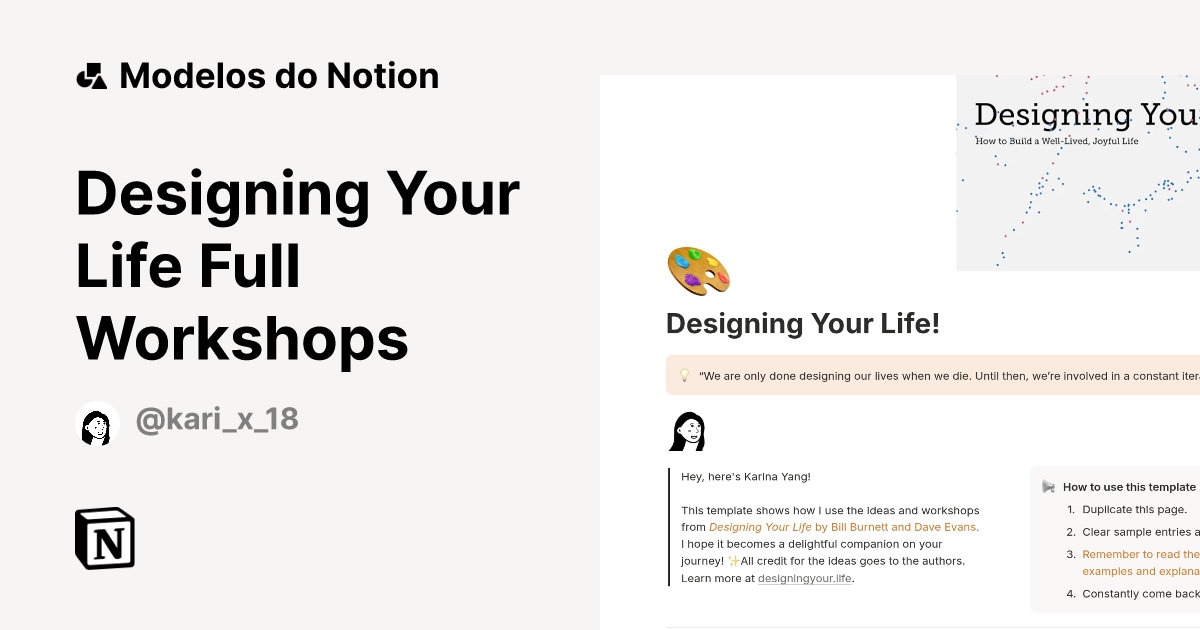 Modelo Designing Your Life Full Workshops | Marketplace do Notion