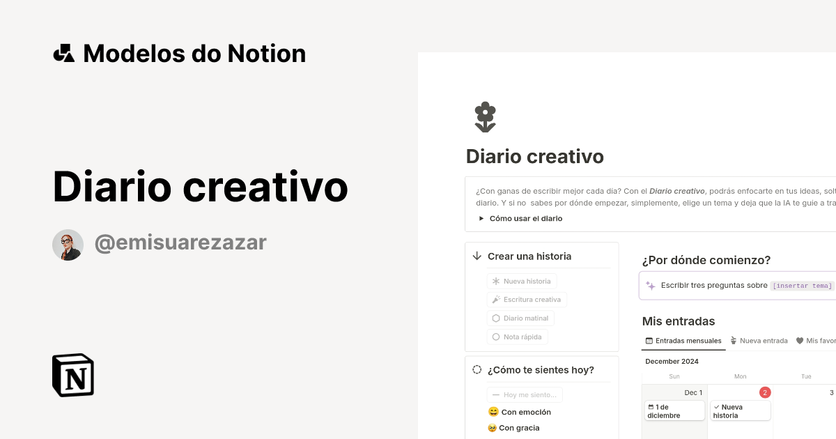 Modelo Diario creativo | Marketplace do Notion