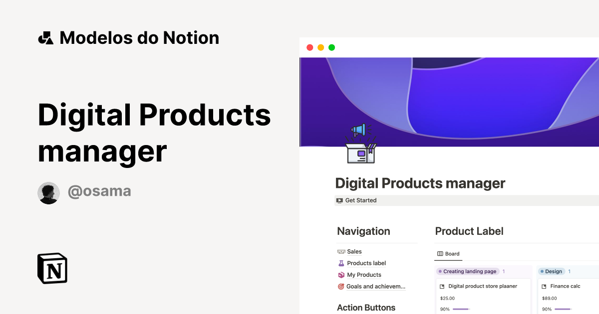 Digital Products manager Modelo por OlsNotion | Marketplace do Notion