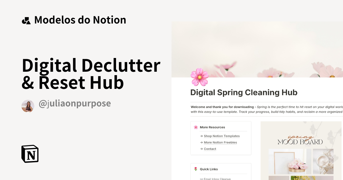 Digital Declutter & Reset Hub Modelo por Julia On Purpose | Marketplace do Notion