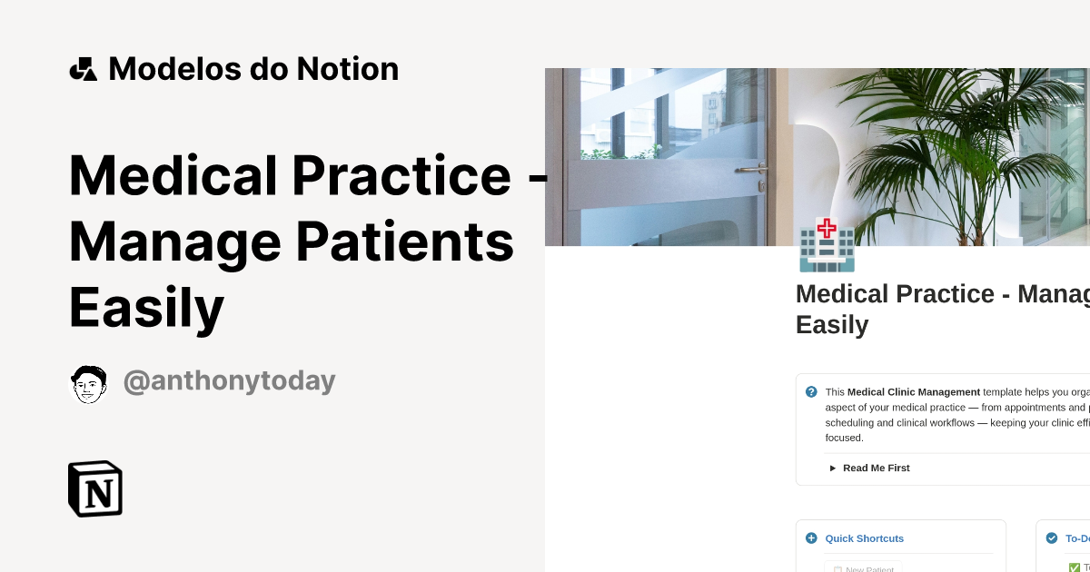 Medical Practice - Manage Patients Easily Modelo por AnthonyToday | Marketplace do Notion