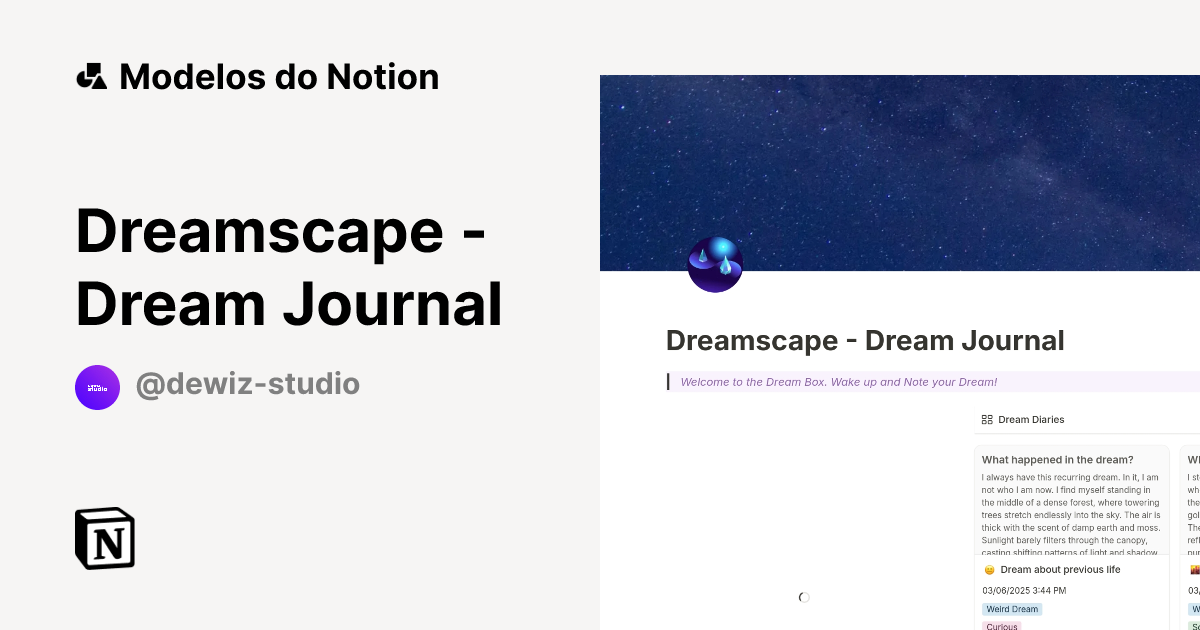 Dreamscape - Dream Journal Modelo por Dewiz Studio | Marketplace do Notion