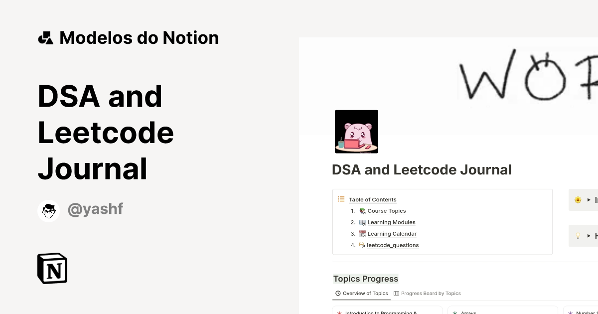 DSA and Leetcode Journal Modelo por Yash Fataniya | Marketplace do Notion