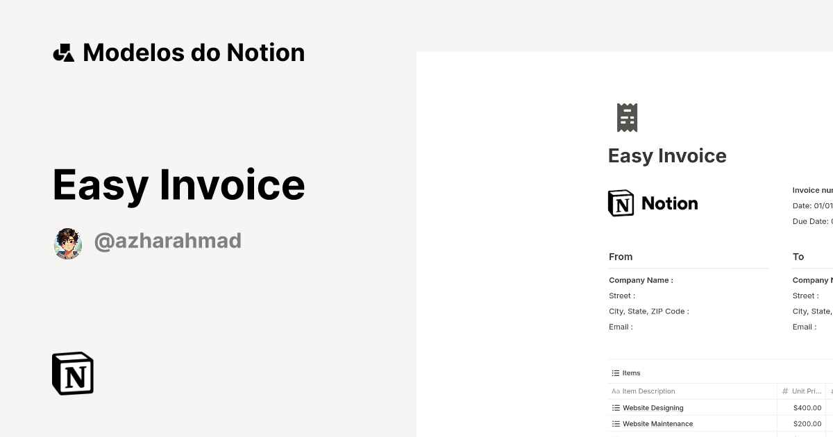 Modelo Easy Invoice | Marketplace do Notion