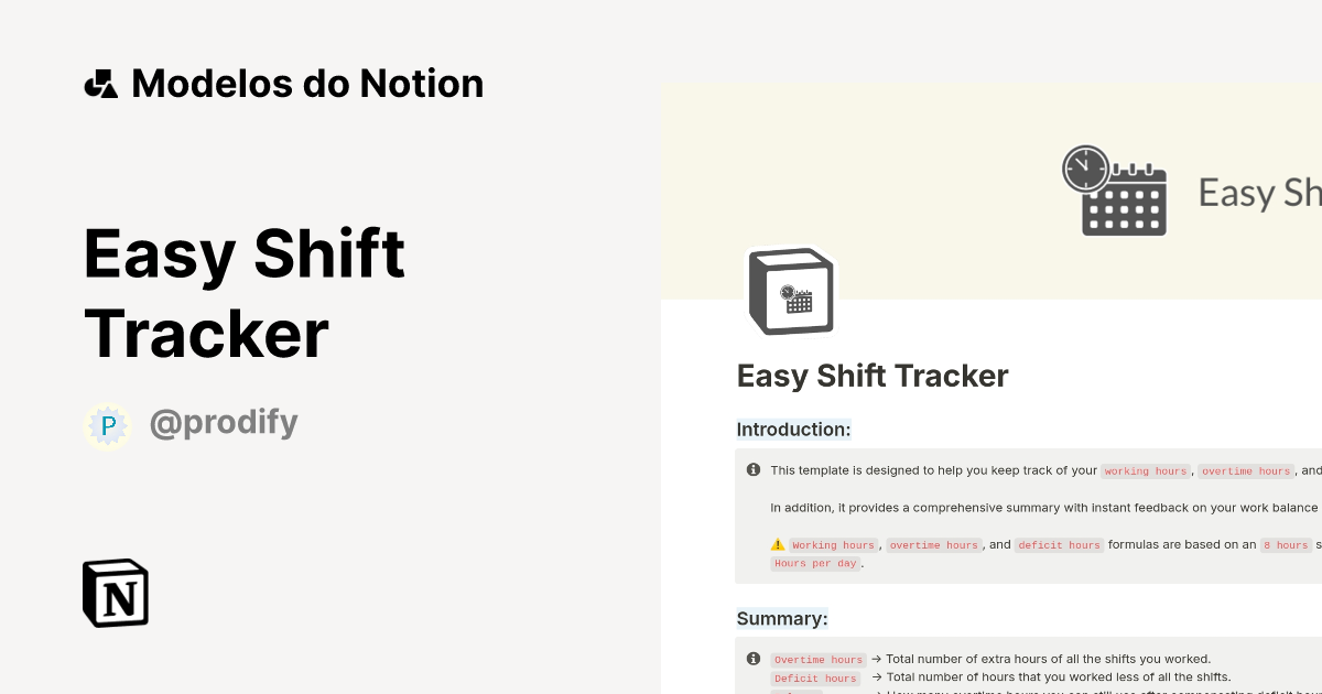 Easy Shift Tracker Modelo por Prodify | Marketplace do Notion