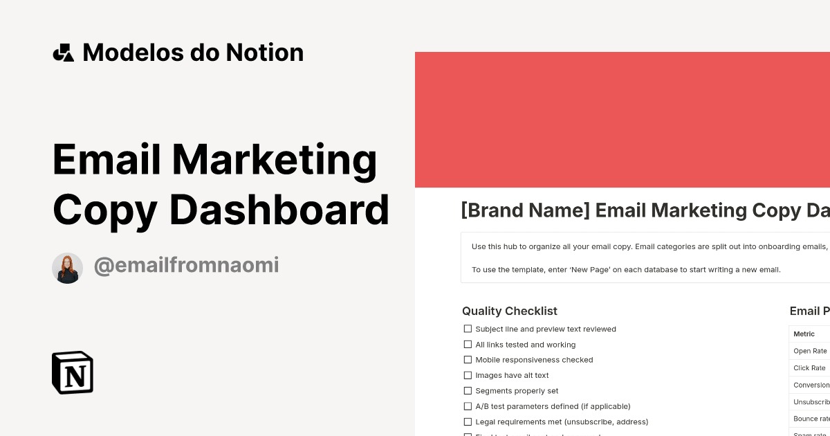 Modelo Email Marketing Copy Dashboard | Marketplace do Notion