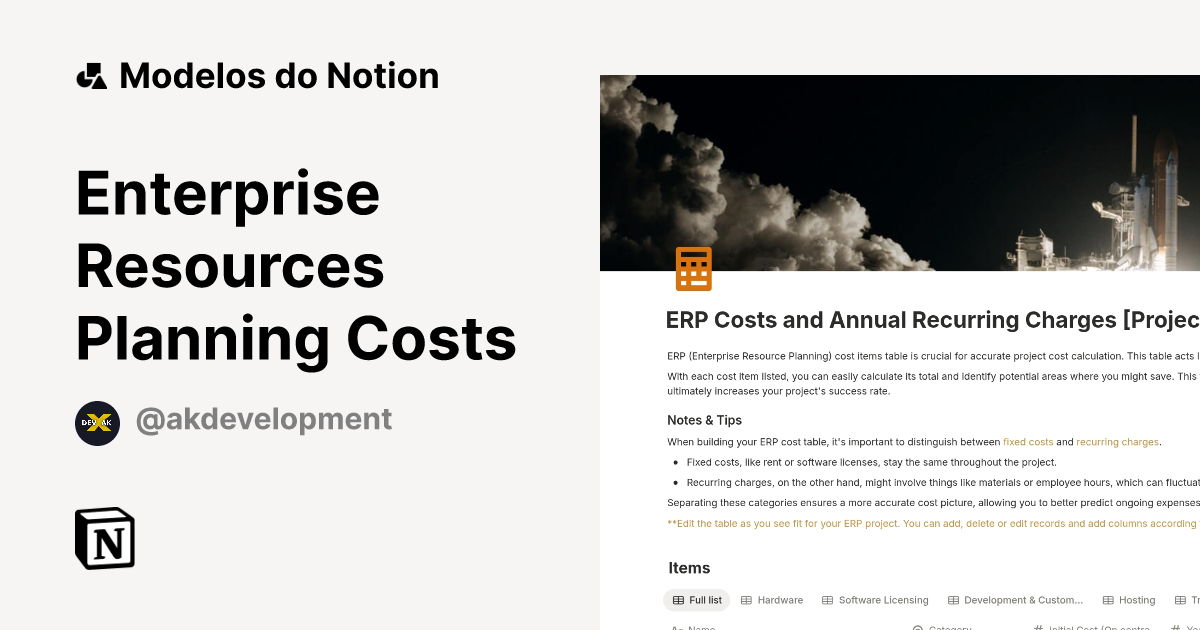 Modelo Enterprise Resources Planning Costs | Marketplace do Notion