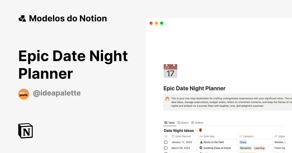 Epic Date Night Planner Modelo por Idea Palette | Marketplace do Notion