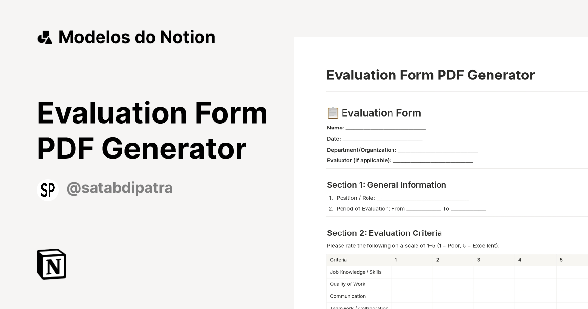 Evaluation Form PDF Generator Modelo por Satabdi Patra | Marketplace do ...