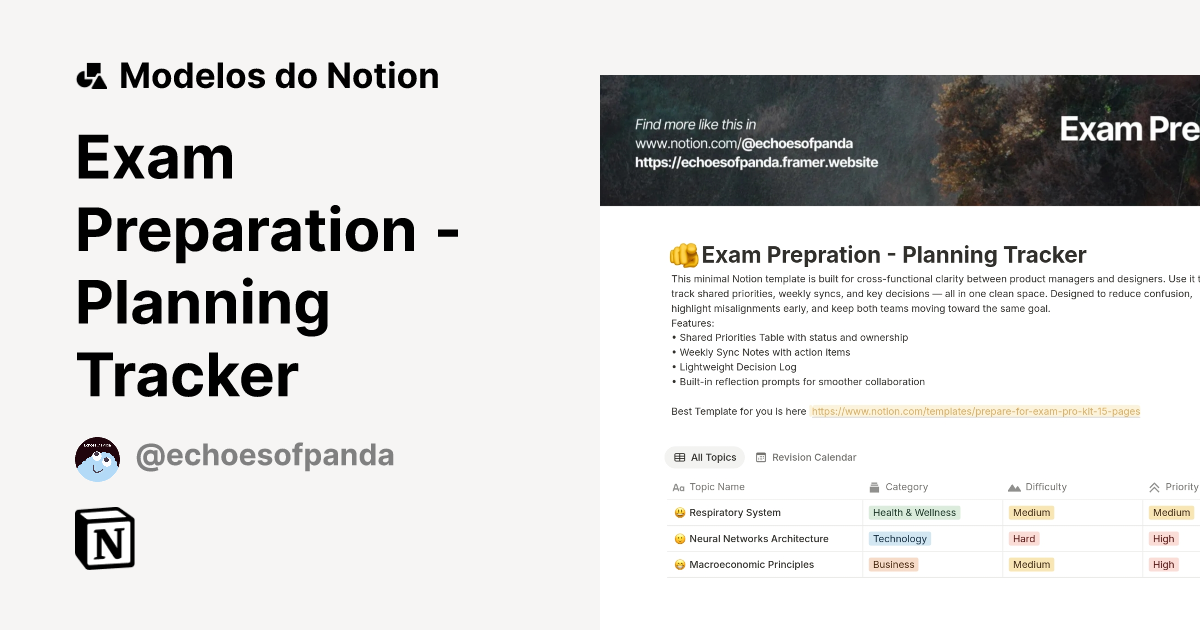 Modelo Exam Preparation - Planning Tracker | Marketplace do Notion