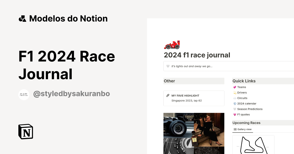 F1 2024 Race Journal Modelo por Styled by Sakuranbo | Marketplace do Notion