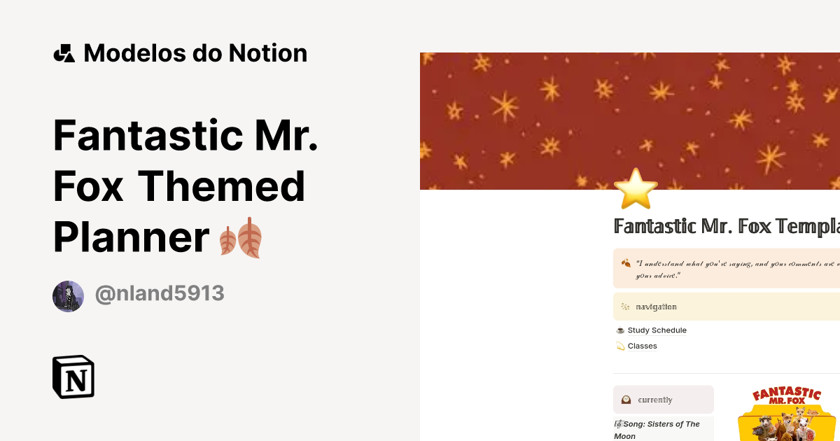 Modelo Fantastic Mr. Fox Themed Planner 🍂 | Marketplace do Notion