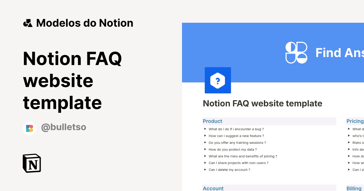 Notion FAQ website template Modelo por Bullet.so | Marketplace do Notion