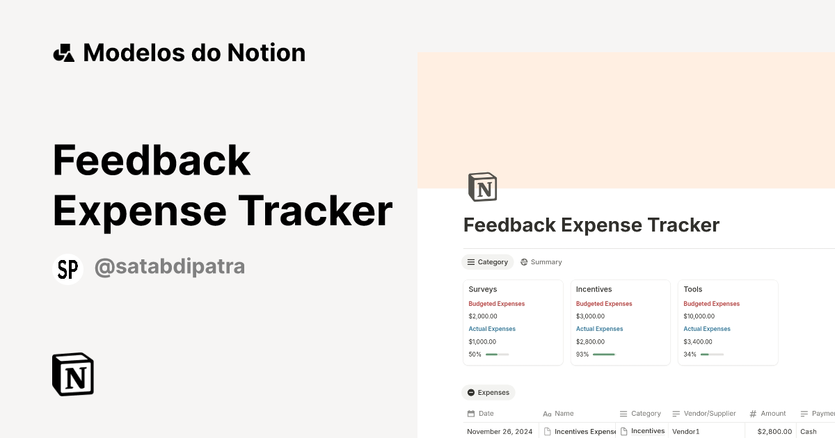 Modelo Feedback Expense Tracker | Marketplace do Notion