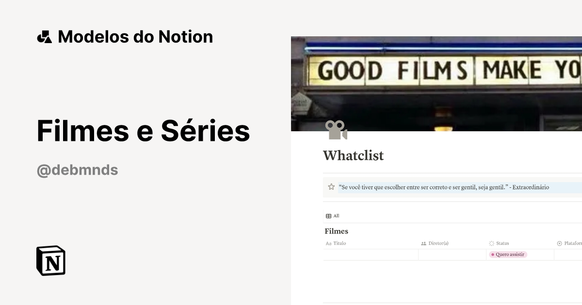 Filmes e Séries Modelo por Débora | Marketplace do Notion