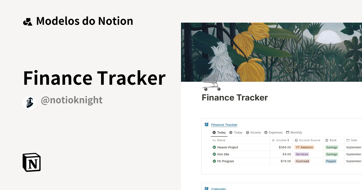 Finance Tracker Modelo por notio.Knight | Marketplace do Notion
