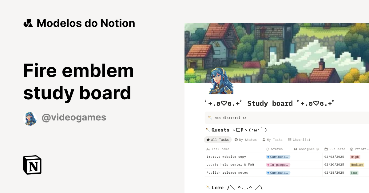 Modelo Fire emblem study board | Marketplace do Notion