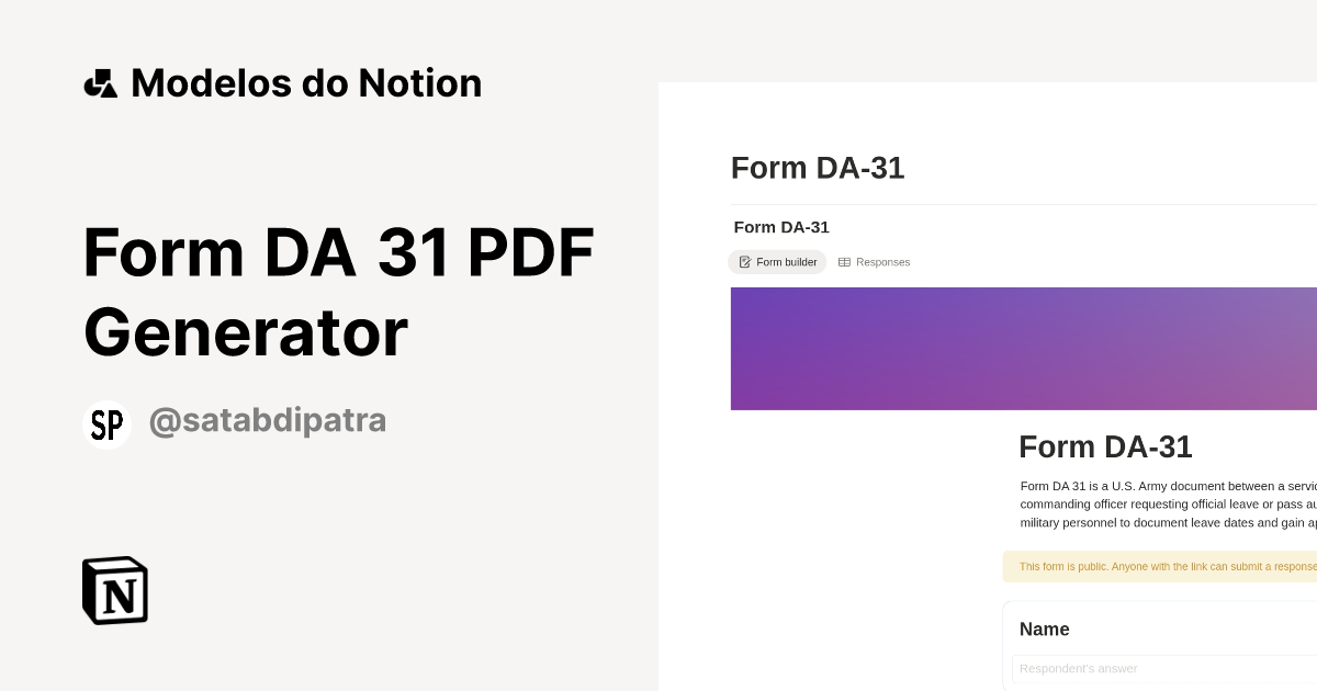 Modelo Form DA 31 PDF Generator | Marketplace do Notion