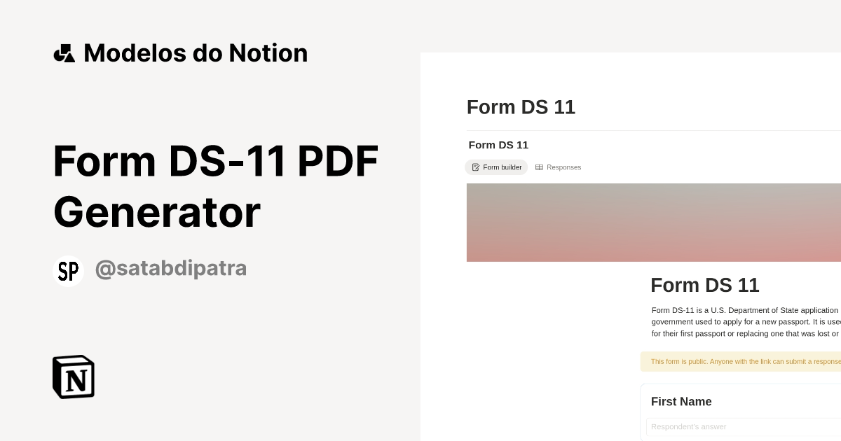 Modelo Form DS-11 PDF Generator | Marketplace do Notion