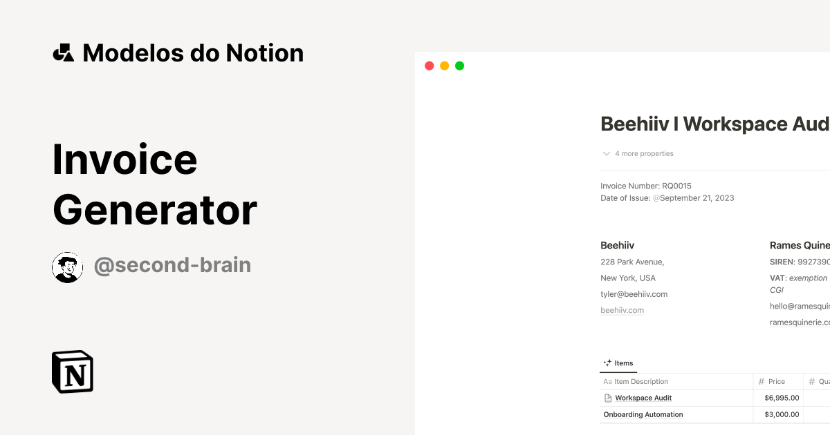 Invoice Generator Modelo por Second Brain | Marketplace do Notion