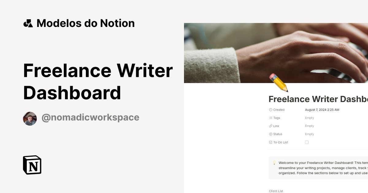 Freelance Writer Dashboard Modelo por NomadicWorkspace | Marketplace do Notion
