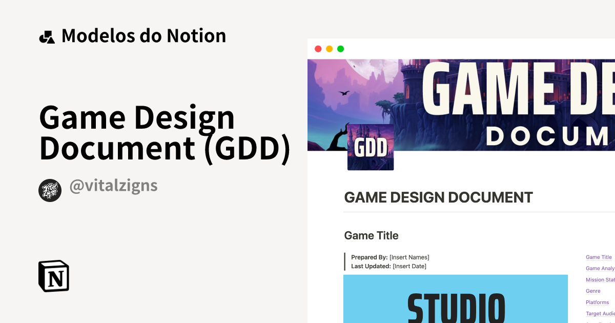 Modelo Game Design Document (GDD) | Marketplace do Notion