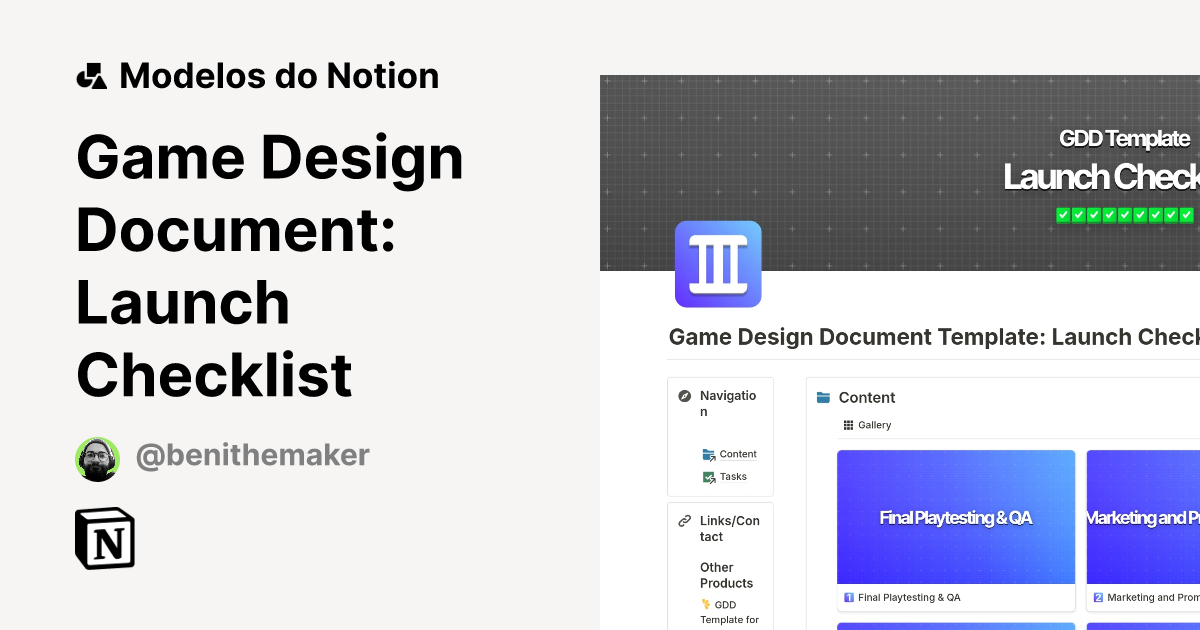 Modelo Game Design Document: Launch Checklist | Marketplace do Notion