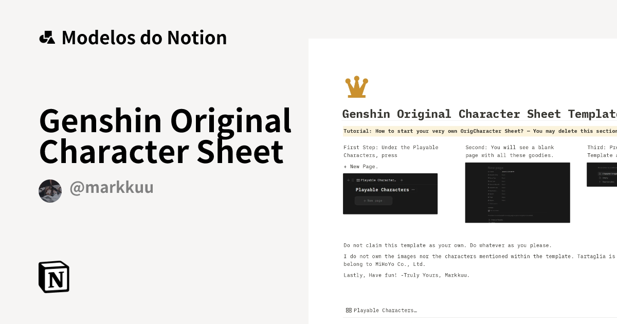 Genshin Original Character Sheet Modelo por Markkuu | Marketplace do Notion